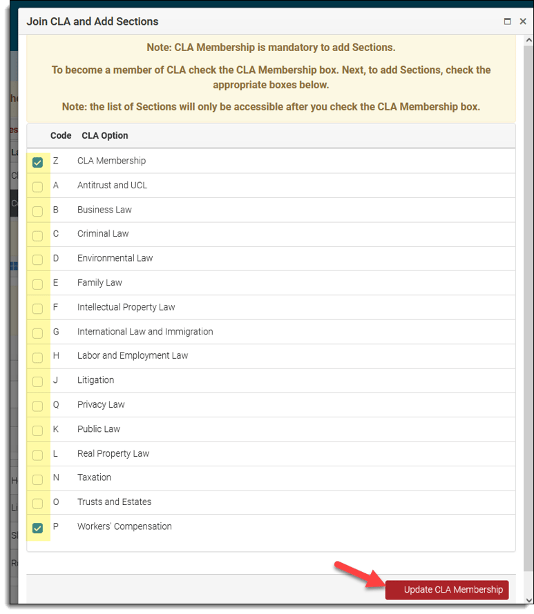 CLA section membership options