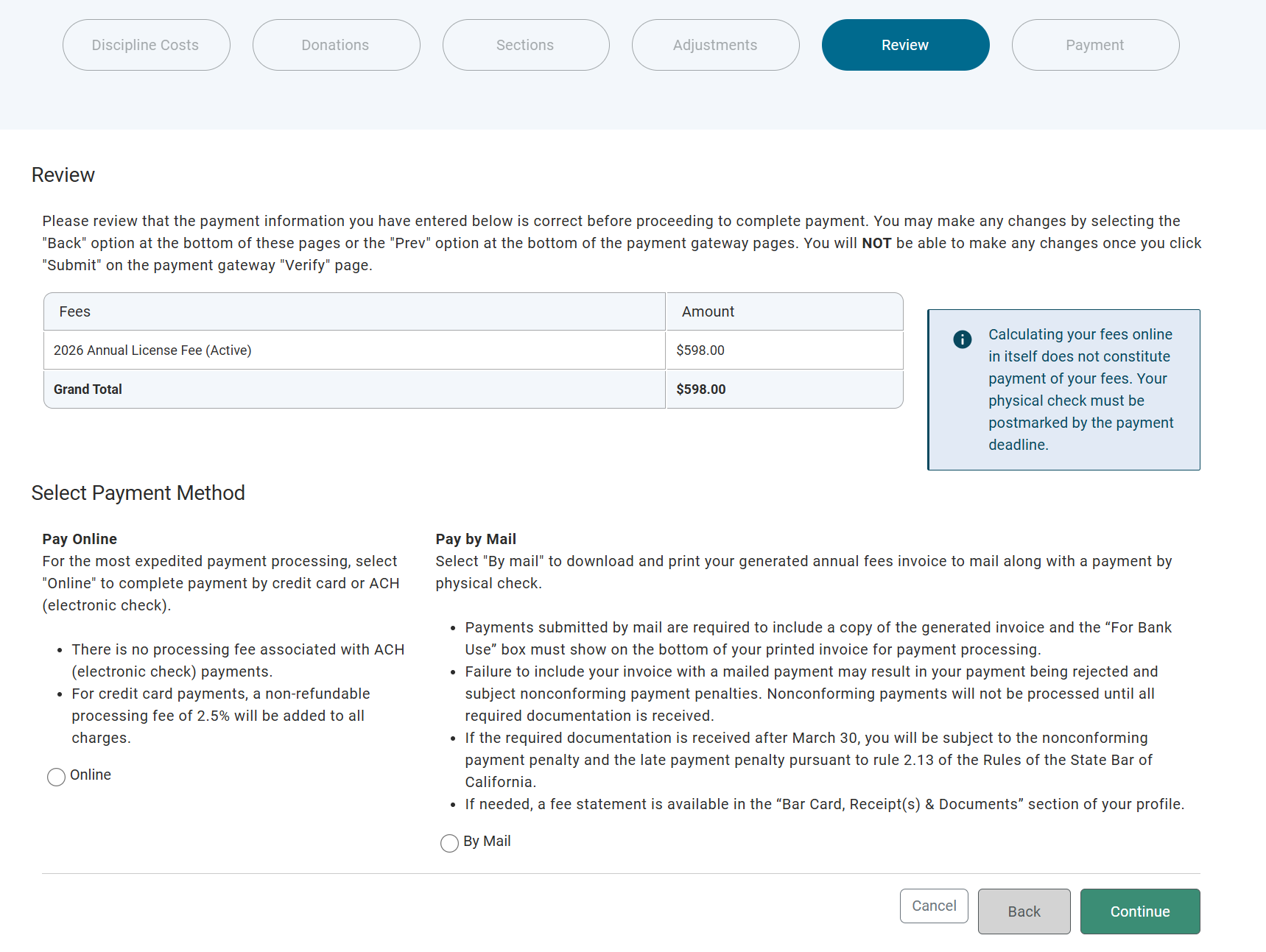 Complete annual fees payment